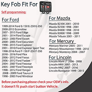 Key Fob Keyless Entry Fits for Ford F150 F250 F350 Explorer Expedition 1998-2016 / Ranger Escape Edge E150 Freestar / Lincoln Navigator Mercury Mazda 3 Button Remote Control Replacement CWTWB1U345