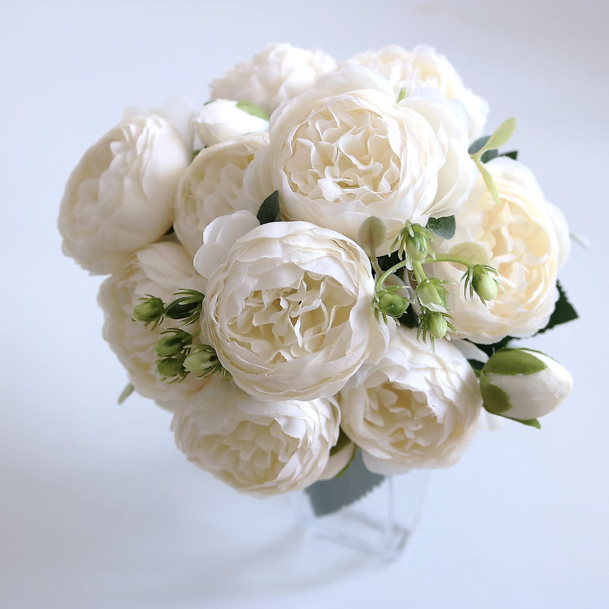 NINAT Peony Artificial Flowers Artificial Bouquet Fake Flowers Silk 20 Heads 16 Buds with Flower Stem for Wedding Valentine's Day Party Home Decoration Pack of 4 (White)