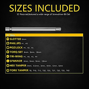 Renekton Security Power Bit Set, 1/4" Shank, 3" Length,Premium Cr-V Steel, 32 Piece