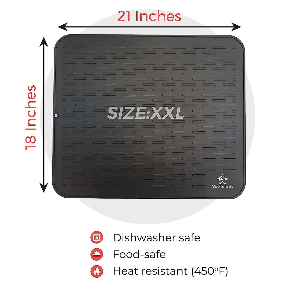 Silicone Dish Drying Mat & Scrubber XXL 21" x 18" | Black Kitchen Dish Drainer Mats & Trivet | Food Safe Fast Draining Pad for Dishes (Black, XXL)