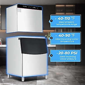 PULLAFUN Commercial Ice Maker Machine 550LBS/24H, Industrial Ice Machine with 330lbs Storage Bin, Ice ready in 8-15 min, Stainless Steel 1280W/120V, Self-Clean Ice Maker for Cafe/Bar/Restaurant