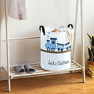 Blue Train Dots Stripes Personalized Freestanding Laundry Hamper, Custom Waterproof Collapsible Drawstring Basket Storage Bins with Handle for Clothes