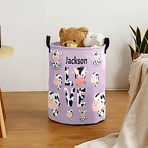 Purple Love Cow Laundry Basket Personalized with Name Laundry Hamper with Handle Organizer Storage Bin Bedroom Decor for Boys Girls Adults