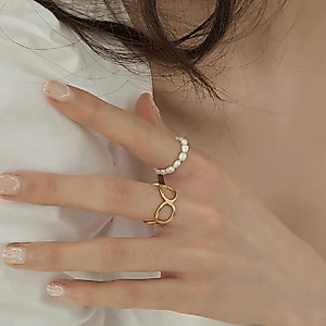 KIFUTENG Boho Pearl Rings Beaded Rings Adjustable Stretch Stackable Rings for Women Jewellery (White, 5.5-7)