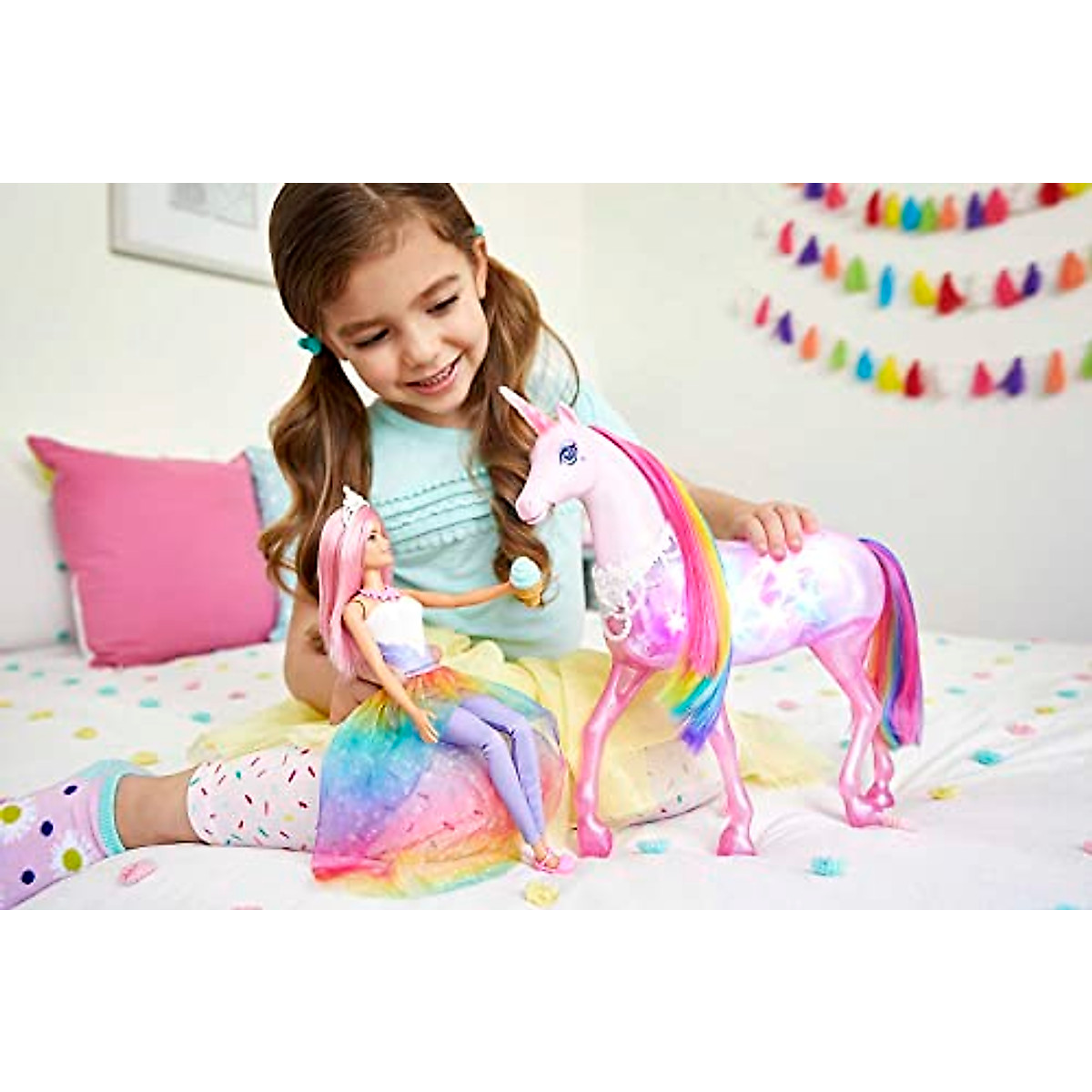 Barbie Dreamtopia Doll & Unicorn Set, Pink-Haired Fashion Doll & Magical Lights Unicorn Toy with Rainbow Mane, Lights & Sounds (Amazon Exclusive)