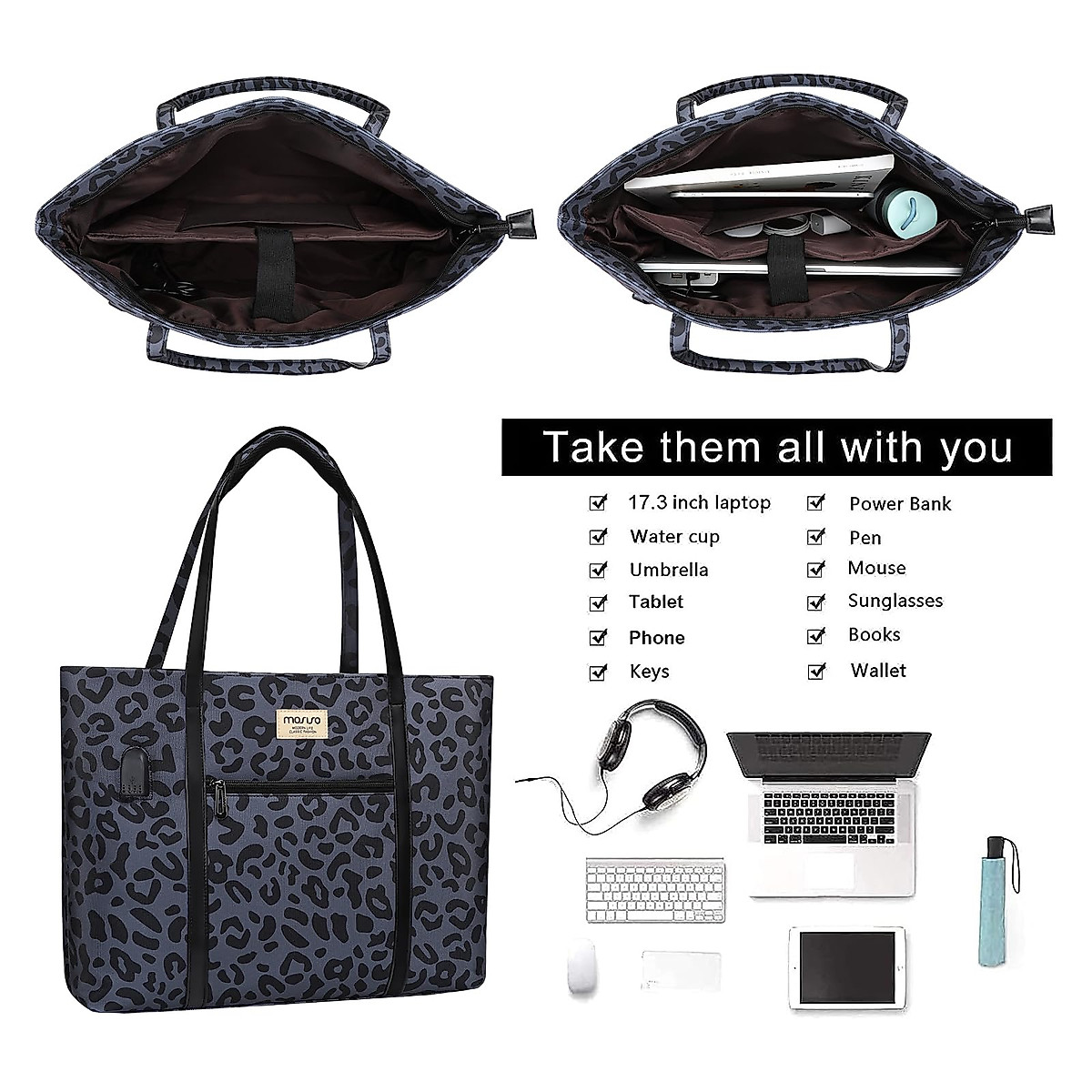 MOSISO USB Charging Port Laptop Tote for Women, Compatible with MacBook, 17-17.3 inch Notebook and Chromebook, Leopard Grain Work Handbag Business Computer Bag with Small Purse, Black