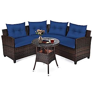 Tangkula 4-Piece Patio Furniture Set, C-Shape Outdoor Wicker Sectional Sofa Set, w/Cushions & Glass Coffee Table, Modern Deck Rattan Furniture for Garden Poolside Balcony (Navy Blue)