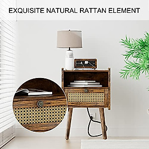 YAKANJ Small Nightstand with Charging Station,Mid Century Modern Nightstand with Rattan Decor,Night Stand End Table Side Table with 2 Tiers Storage Shelf for Small Spaces,Bedroom,Living Room-Brown