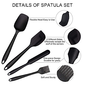 Silicone Spatula Set, G.a HOMEFAVOR Heat-Resistant Spatula - One Piece Seamless Design, Non-Stick Silicone with Reinforced Stainless Steel Core (6 Piece Set, Black)
