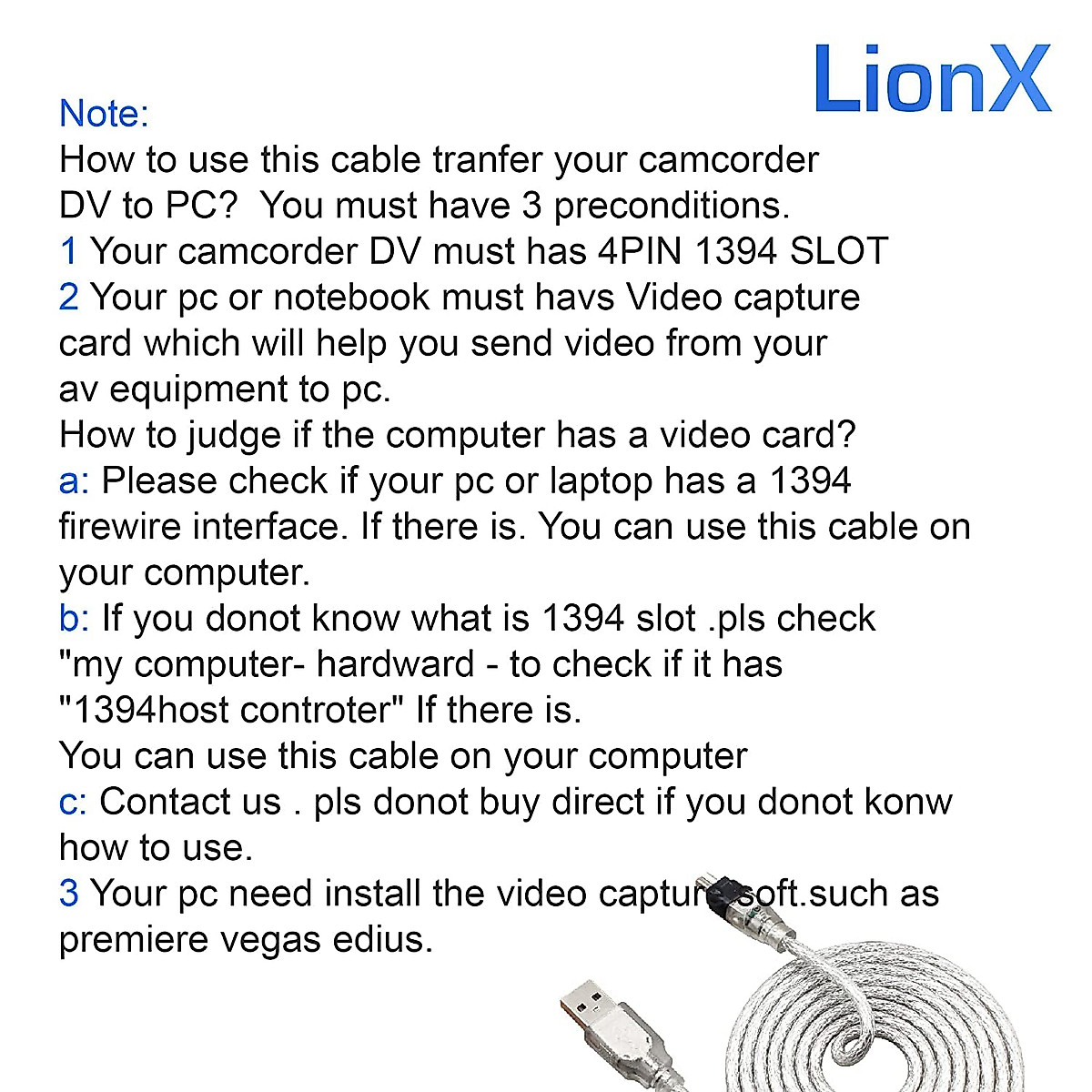 LIONX New Data DV Cable USB to IEEE 1394 4 Pin Firewire Adapter High PC