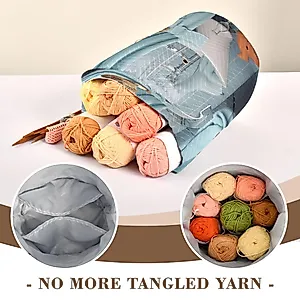 PYBUG Cat Yarn Storage Tote with Knitting Accessories Pockets Portable Large Capacity Travel Knitting Bag Crochet Organizer for Crocheting