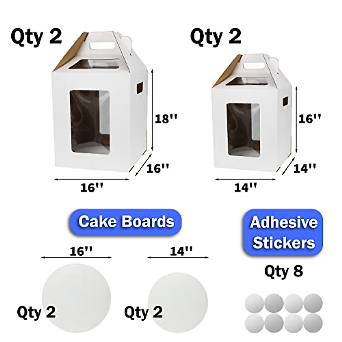 CAKINBOX Tall Cake Boxes with window and Cake Boards in 2 sizes 14x14x16 & 16x16x18 Tall Cake Carrier, Tiered Cake Box, Layer Cake Box, tier cake boxes, large cake box (PACK 4)