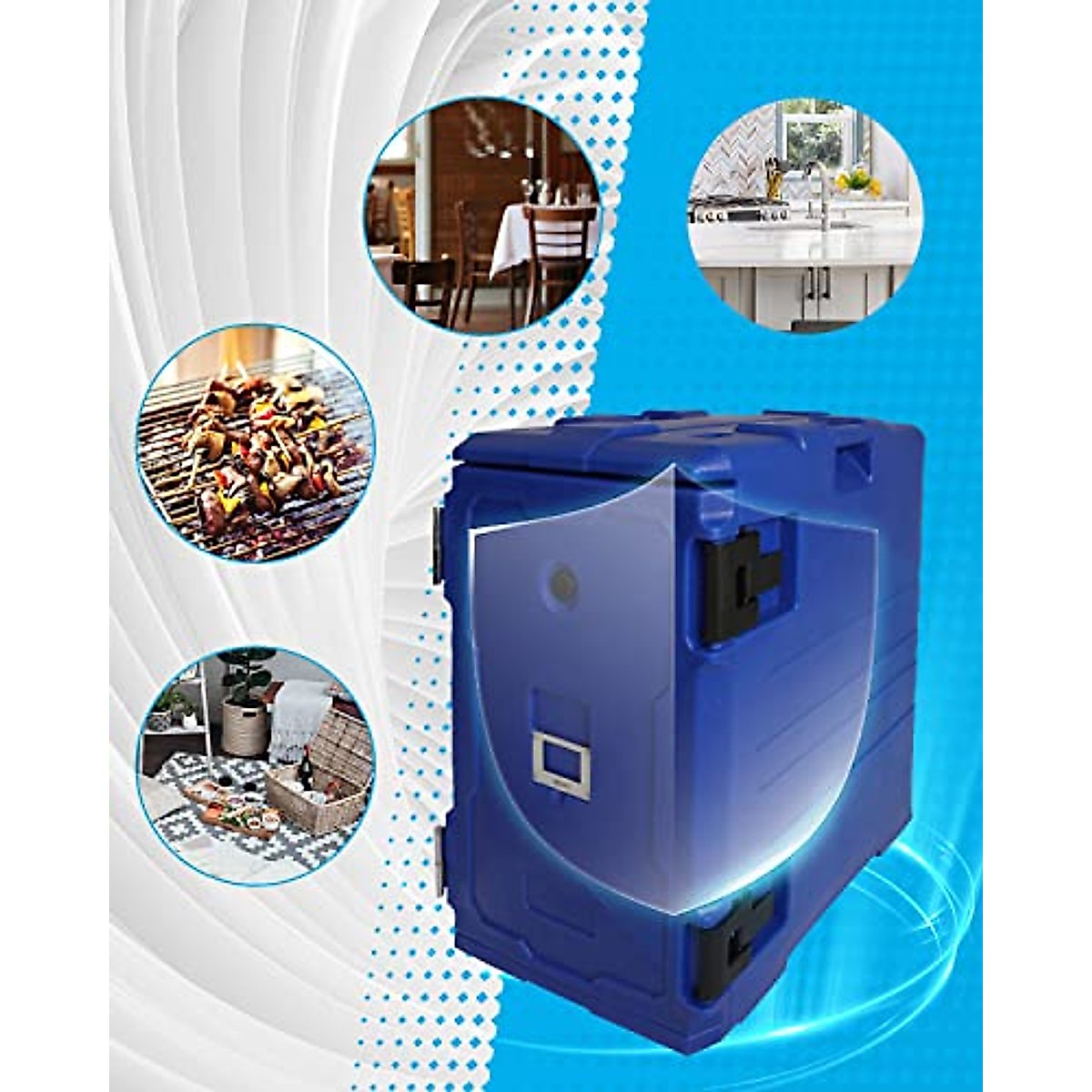 Muhub 127QT End-Loading Insulated Food Pan Carrier, LLDPE Material Food Box Carrier with Double Buckles, Front Loading Portable Food Warmer with Handles,Ideal for Canteen and Restaurant Use (Blue)…