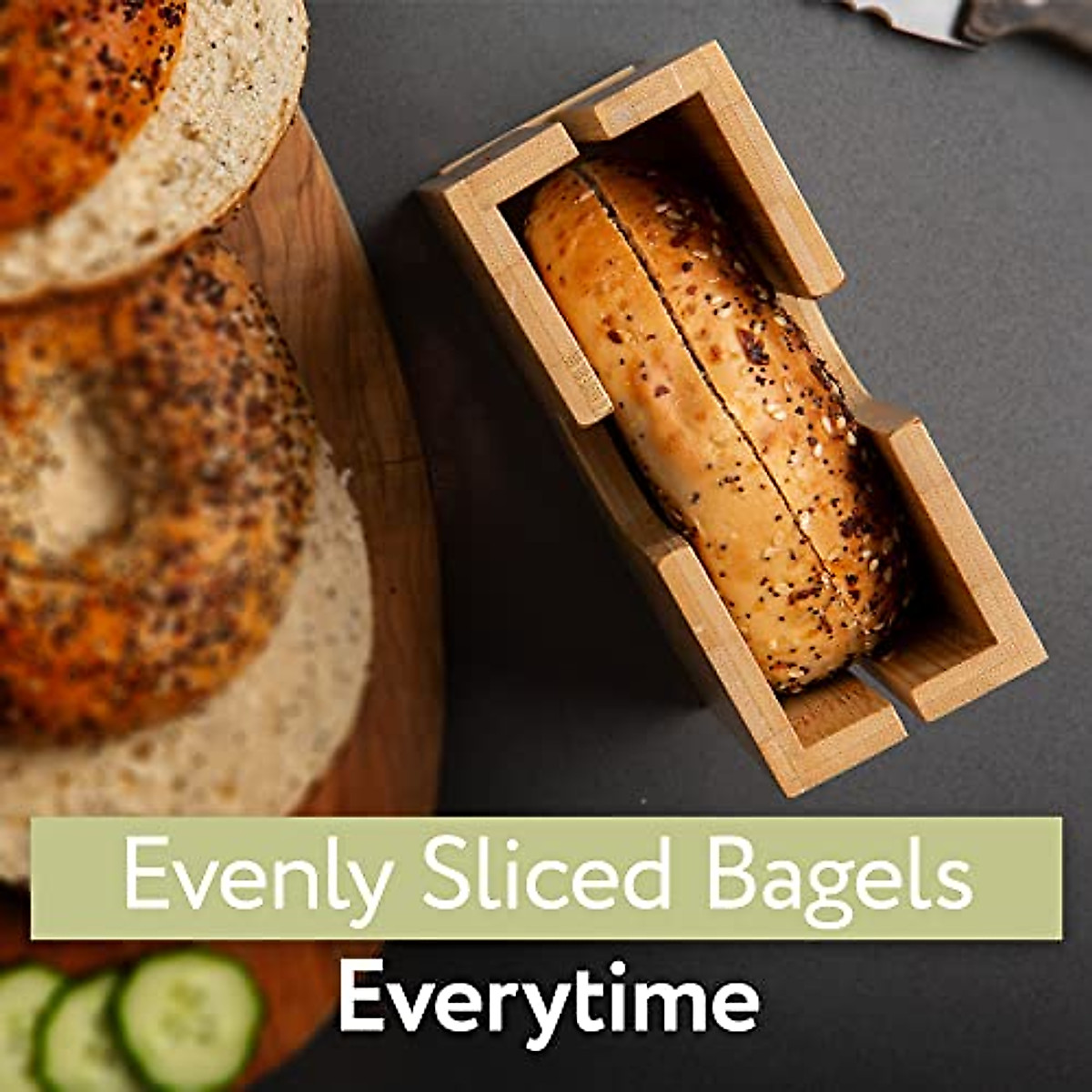 Bamboo Bagel Slicer Holder for Safe & Even Slices - Removable Bottom For Cleaning - Bagel Slicer for Small and Large Bagels with Anti-Slip Base - Bagel Holder Bread Slicer - Bagel Cutter Slicer