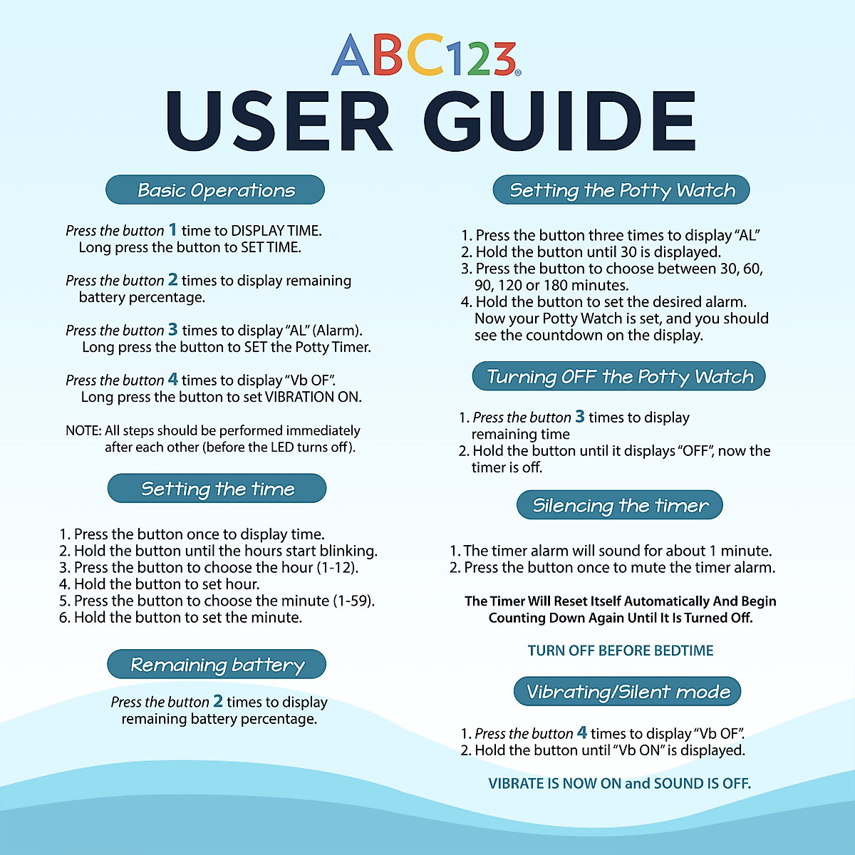 ABC123 Potty Training Watch 3 (2023 Edition) - Baby Reminder Water Resistant Timer for Toilet Training Kids & Toddler with Wireless Charging (Blue)