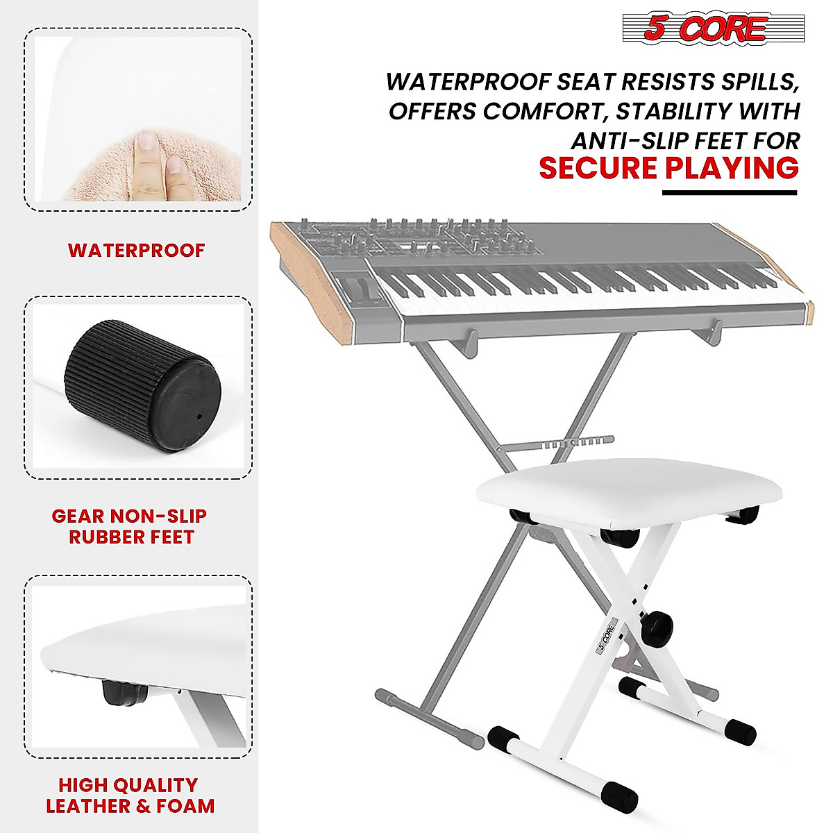 5 CORE Keyboard Bench Pair X Style Piano Stool Thick Padded 12 to 18.5 inch Adjustable Keyboards Chair White KBB02WH