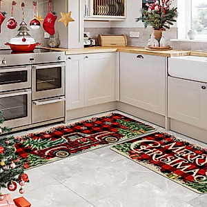 Cusugbaso Christmas Kitchen Mats for Floor, Christmas Kitchen Rugs Set of 2 - Farmhouse Truck Red Buffalo Plaid Christmas Kitchen Decor - Christmas Decorations for Bathroom,Home,Indoor 17"x27+17"x47"