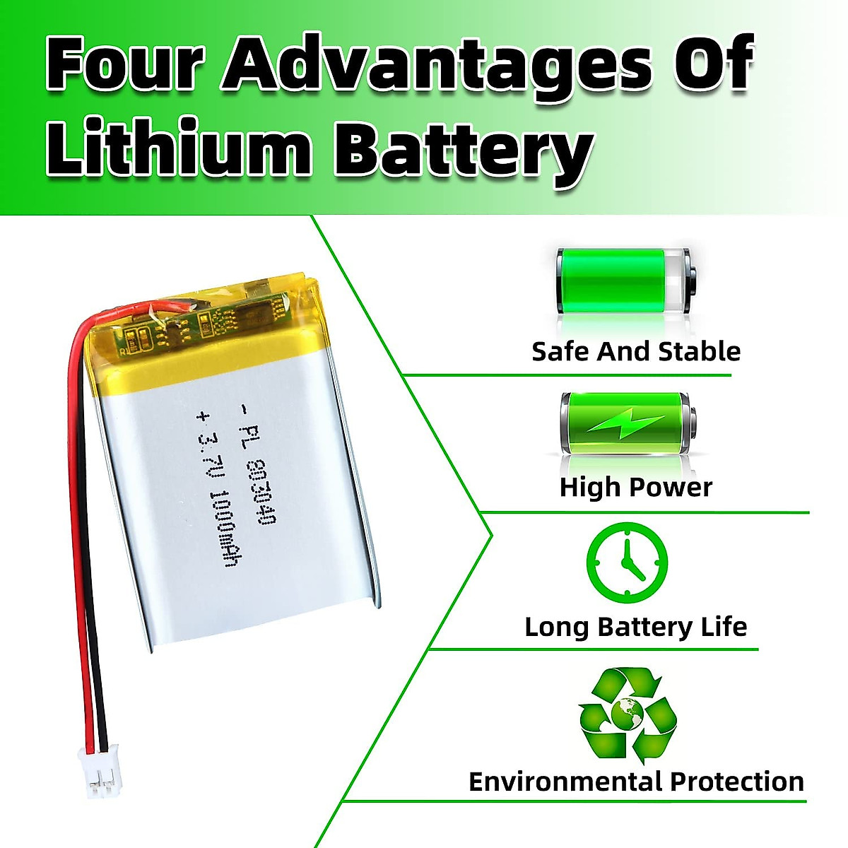 AKZYTUE 3.7V 1000mAh 803040 Lipo battery Rechargeable Lithium Polymer ion Battery with JST Connector