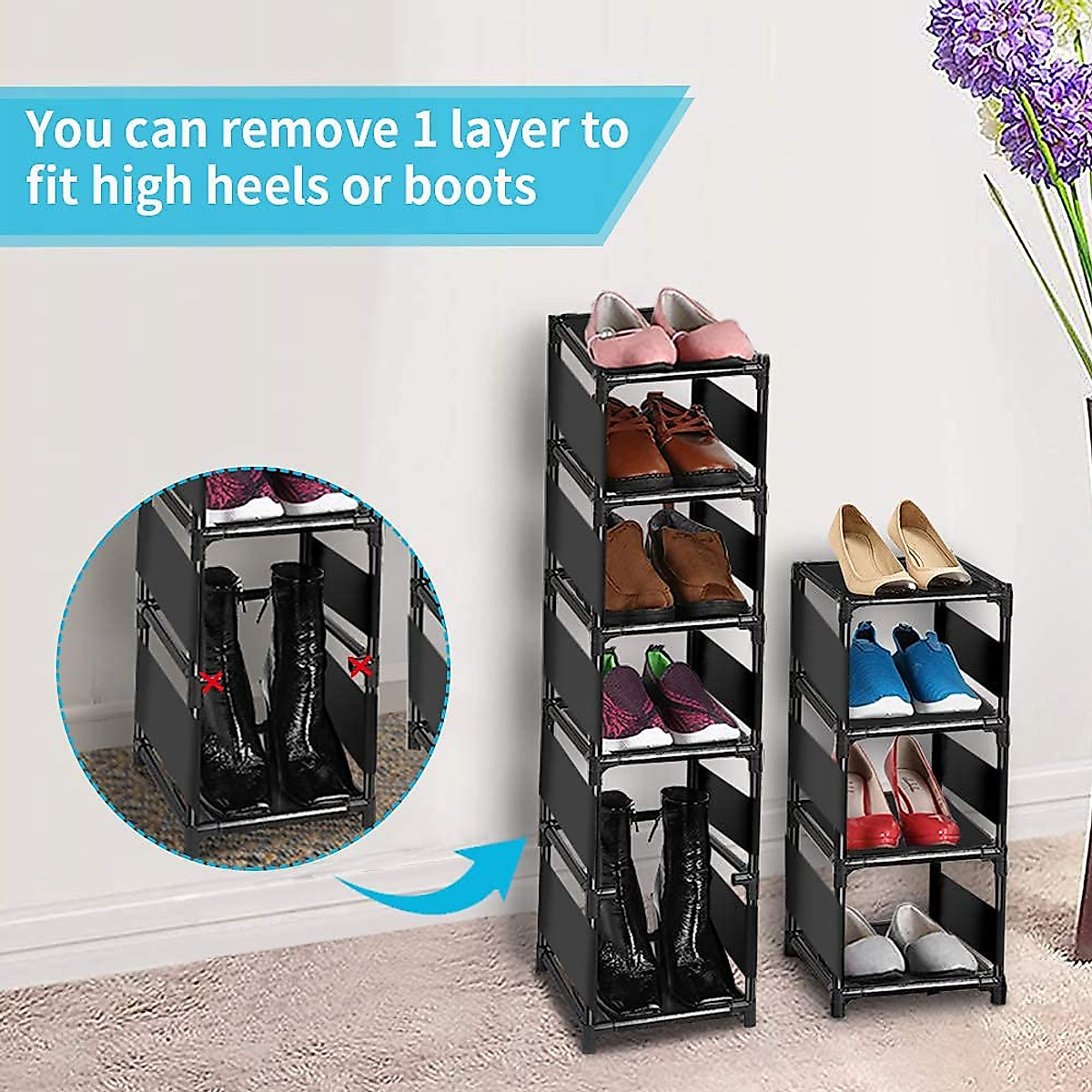 barsone 10 Tier Shoe Rack, Shoe Organizer Storage Shelf Stand Tower Stackable Shoe Rack, Space Saving Shoe Shelves for Closet Entryway Hallway Apartment Garage(Black)