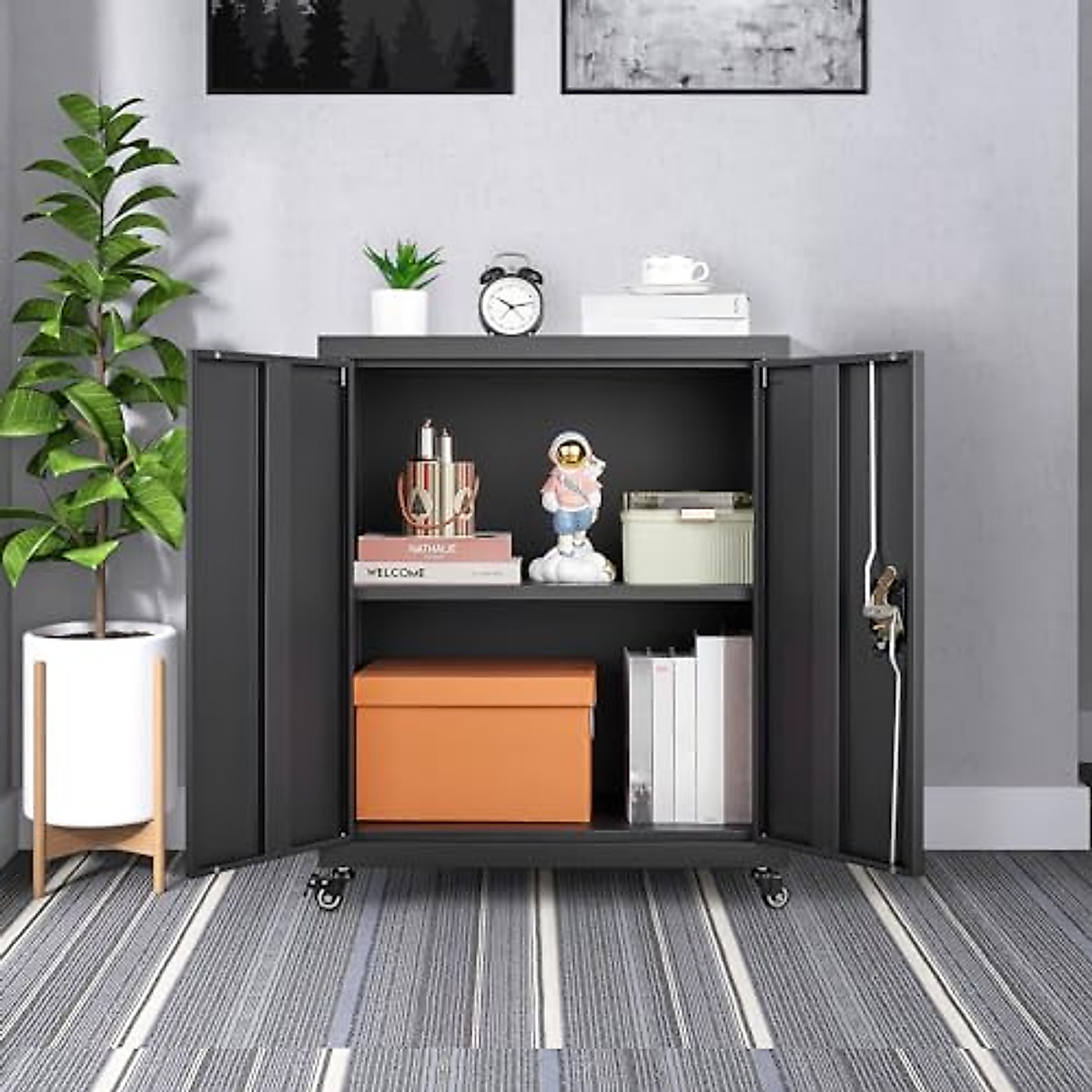 GREATMEET Metal Storage Cabinet with Locking Doors and Adjustable Shelves,31.5" H Steel Storage Cabinet with Wheels for Office,Home,Garage,Classroom Black