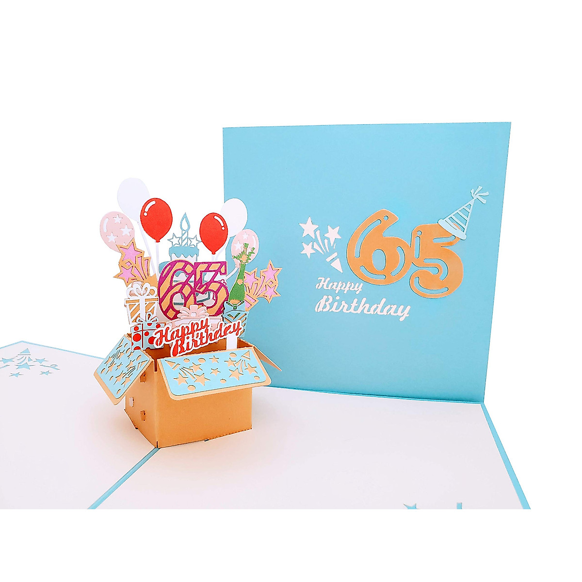 iGifts And Cards Happy 65th Blue Birthday Party Box 3D Pop Up Greeting Card – Sixty-Five, Awesome, Balloons, Unique, Celebration, Presents, Feliz Cumpleaños, Fun, Mom, Dad