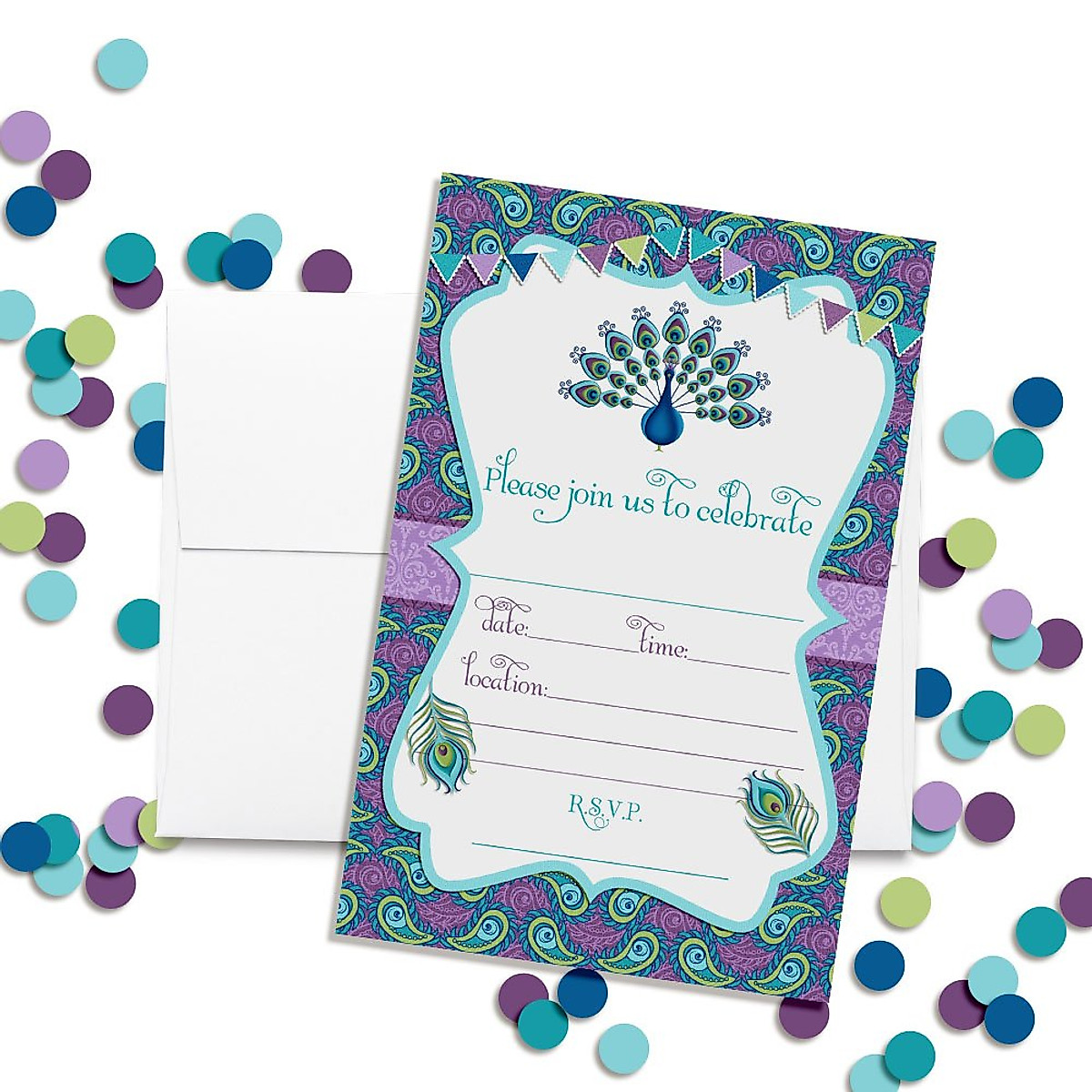 Amanda Creation Peacock Themed Birthday Party Fill In Style Invitations, set of 20 including envelopes