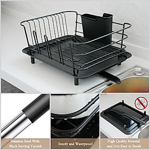 vizoe Dish Drying Rack 15''*11''*8'', Black Iron Dish Rack with Automatic Drainage, Removable Utensil Holder and Cup Holder, Drying Rack with Swivel Spout for Kitchen Inside Sink Counter Cabinet