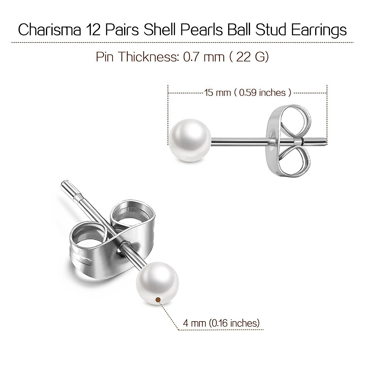 Charisma 4mm Composite Pearl Earrings Round Ball Pearls Stud Earrings Hypoallergenic 12 Pairs Imitation Pearl Earrings Set for Women