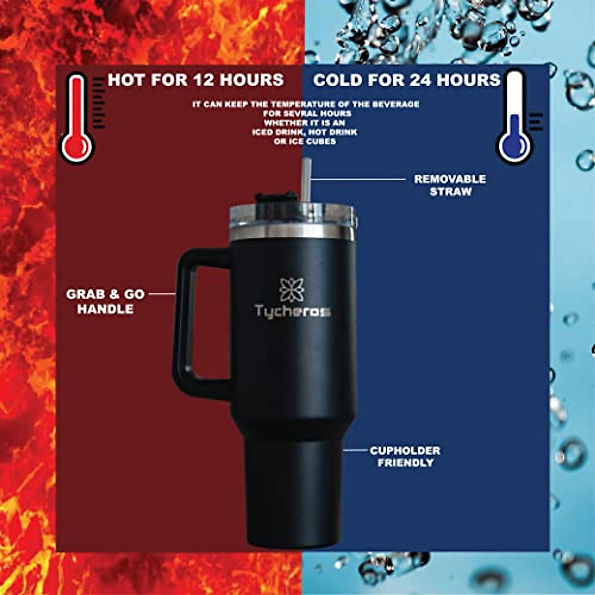 Tycheros 40 oz Tumbler with Handle and Straw- Reusable Vacuum Stainless Steel Insulated Water Bottle- Travel Mug that Keeps drink Hot OR Cold for Hours (blue)