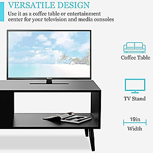 Yusong Modern Wood Coffee Table for Living Room, Retro Mid-Century Center Tables Cocktail Table with Storage Shelf for Reception, Black