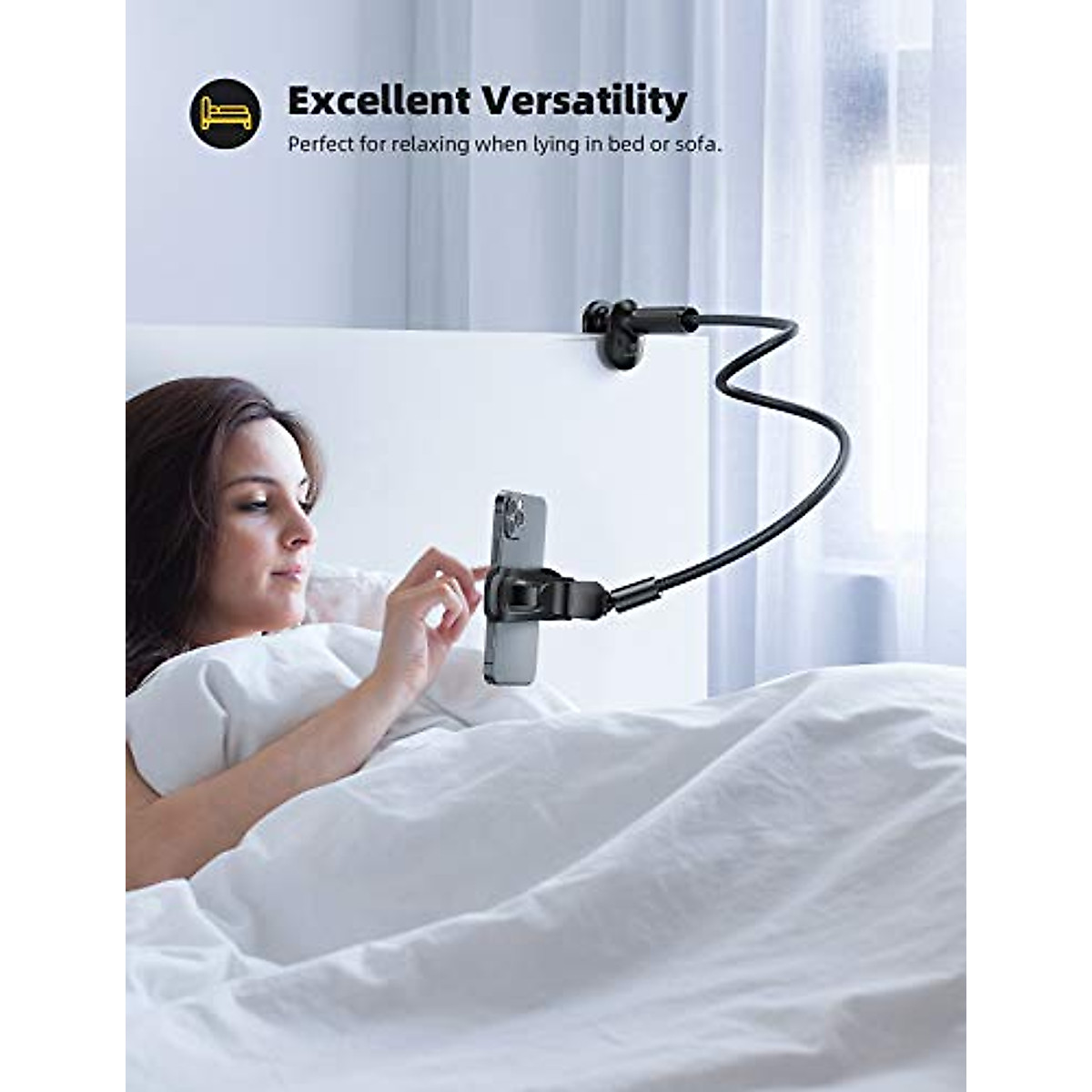 Lamicall Gooseneck Phone Holder for Bed - Overall Length 38.6in, Flexible Leather Wrapped Arm, 360 Adjustable Clamp Clip, Overhead Cell Phone Mount Stand for Desk, Compatible with All Cellphone (4-7”)
