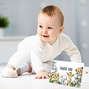 Whaline 50 Pack Safari Jungle Thank You Cards with Envelopes Stickers Jungle Animal Greeting Cards Watercolor Forest Animal Cartoon Blank Note Cards for Birthday Baby Shower Party Supplies