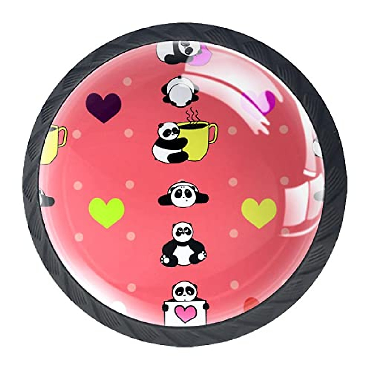 JAVENPROEQT Cute and Funny Sleepy Panda with Coffee Cup and Hearts 4pcs Round Door Knobs, Furniture Cabinets Hardware Pulls Handle, Decorative Dresser Drawers Knobs for Kids, Boys, Girls Room