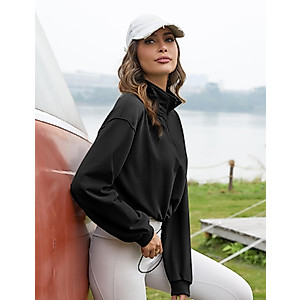 Flygo Womens Half Zip Sweatshirts Stand Collar Activewear Running Workout Pullover Tops(Black-S)