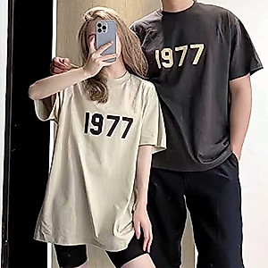 Summer Casual T-Shirt for Men Women 1977 Letter Print Shirt Classic Couples Short Sleeved Sweatshirts Pullover Tee Top (Black,Medium,Medium)