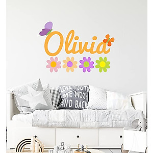Custom Name Flowers Wall Decal - Personalized Name Butterfly Decor - Daisy Wall Decal Peel and Stick - Pastel Flowers - Girls Flowers Wall Stickers - Wall Decal for Home Nursery Bedroom Decoration