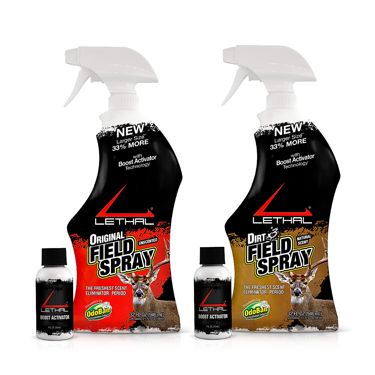 LETHAL Original Field Spray and Dirt x3 Field Spray Cover Scent Bundle, Human Scent Eliminating Agent for Hunting Clothes, Gear, and Equipment, 32 Ounce Spray Bottles, 1 of Each