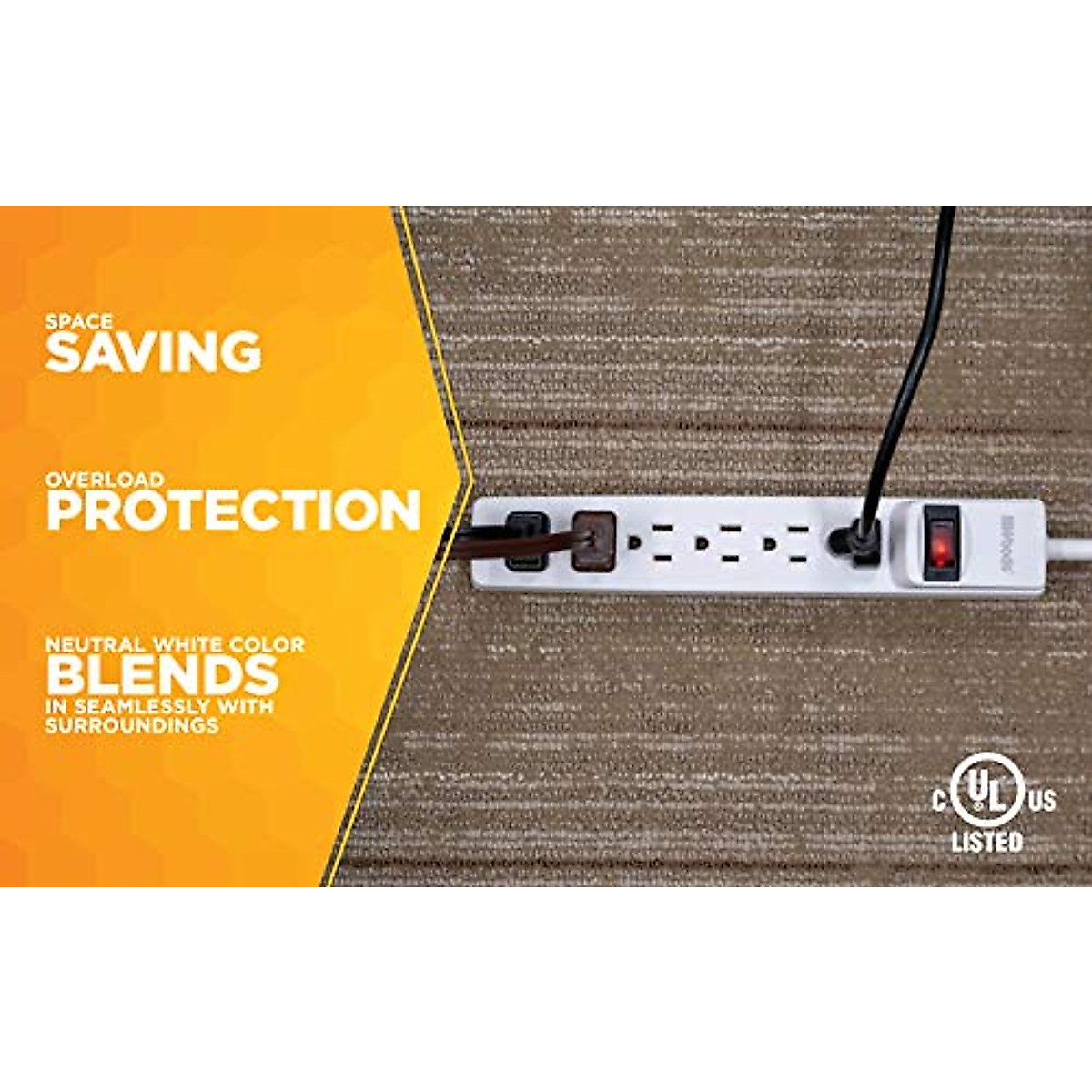 Woods 41436 Power Strip with 6 Outlets and Overload Safety Switch, 8 Foot Cord, White