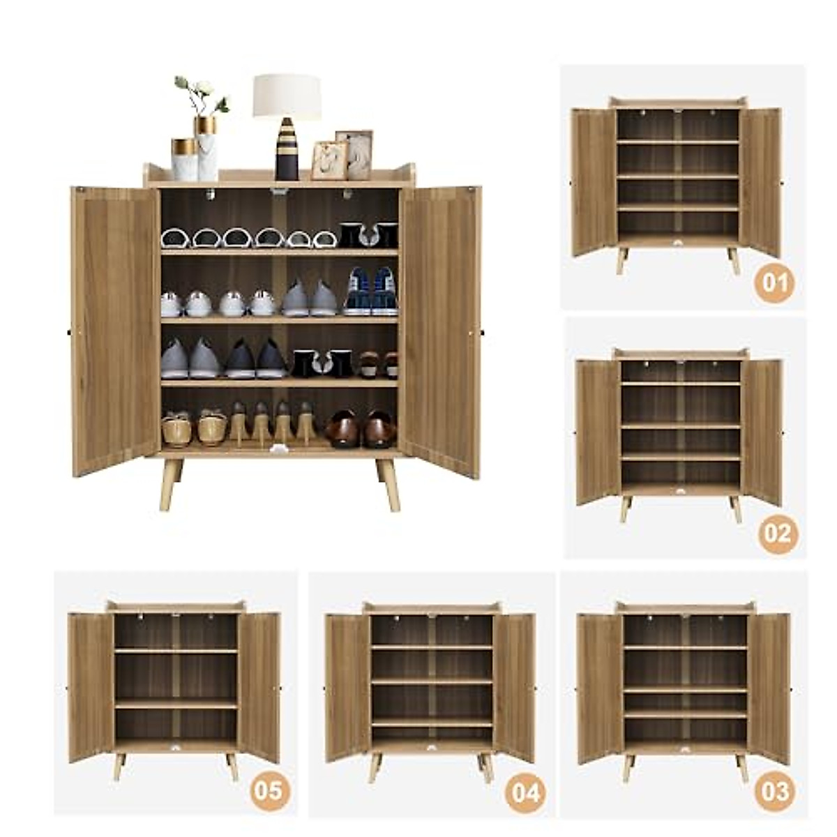 wirrytor Rattan Shoe Cabinet,16 Pairs Shoe Storage Cabinet with 2 Rattan Doors,4-Tier Modern Entryway Organizer Cabinet,Freestanding Shoe Rack Organizer Cabinet for Closet Hallway Living Room,Walnut