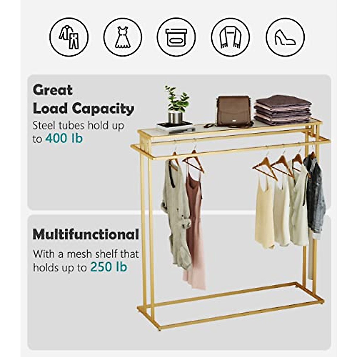 FUSHIAIPTC 59” Gold Clothing Rack, with Natural Marble and 3 Rods Garment Clothes Racks for Hanging Clothes, Organizer Closet for Hanging Clothing Coats Skirts Shirts Sweaters