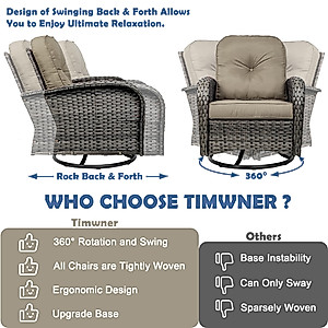TIMWNER 3-Piece Swivel Rocker Wicker Chair Set of 2 ，360-Degree Rocking Chairs Outdoor with Cushions，Glass Table for Garden,Backyard, Bistro.Brown