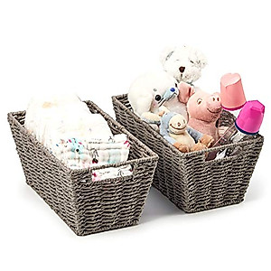 EZOWare 3 Durable Paper Rope Woven Storage Baskets, Braided Multipurpose Organizer Bins with Handle for Kids Baby Closets, Room Decor, Dog Cat Toys, Gift Baskets Empty - Gray