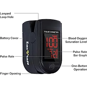 Zacurate Pro Series 500DL Fingertip Pulse Oximeter Blood Oxygen Saturation Monitor with Silicone Cover, Batteries and Lanyard (Royal Black)