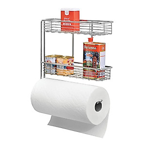 mDesign Wall Mount Metal Paper Towel Roll Holder and Dispenser with 2 Shelf Baskets - Kitchen Storage and Organization for Spice Bottles, Glass Jars, Salt, Pepper - Chrome