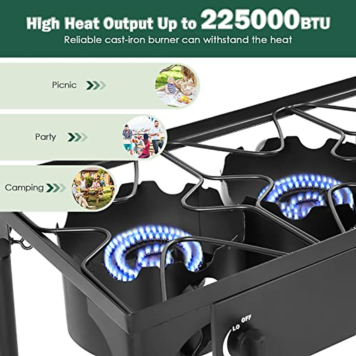 STAKOL 3 Burner Propane Stove Outdoor, 225,000 BTU Camping Stove Propane with Removable Legs & CSA Regulator, High Pressure Portable Gas Stove for Cooking Home Patio Cookout