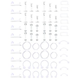 Lcolyoli Mix Set Clear Piercing Retainers Flexible Lip Rings Ear Cartilage Rook Daith Conch Tragus Earrings Plastic Helix Piercing Jewelry for Work Sports Women Men