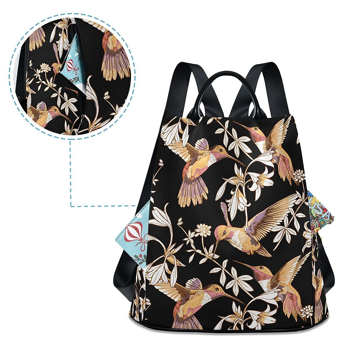 Fustylead Floral Gold Hummingbirds Flowers Backpack Purse for Women Anti Theft Fashion Back Pack Shoulder Bag