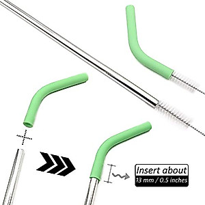 Big Drinking Straws Reusable 13" Extra Long 8mm Extra Wide Food-Grade 18/8 Stainless Steel Silicone Elbows Tips for Smoothie Milkshake Cocktail Juice Hot Drinks - Set of 4 + 2 Cleaning Brushes