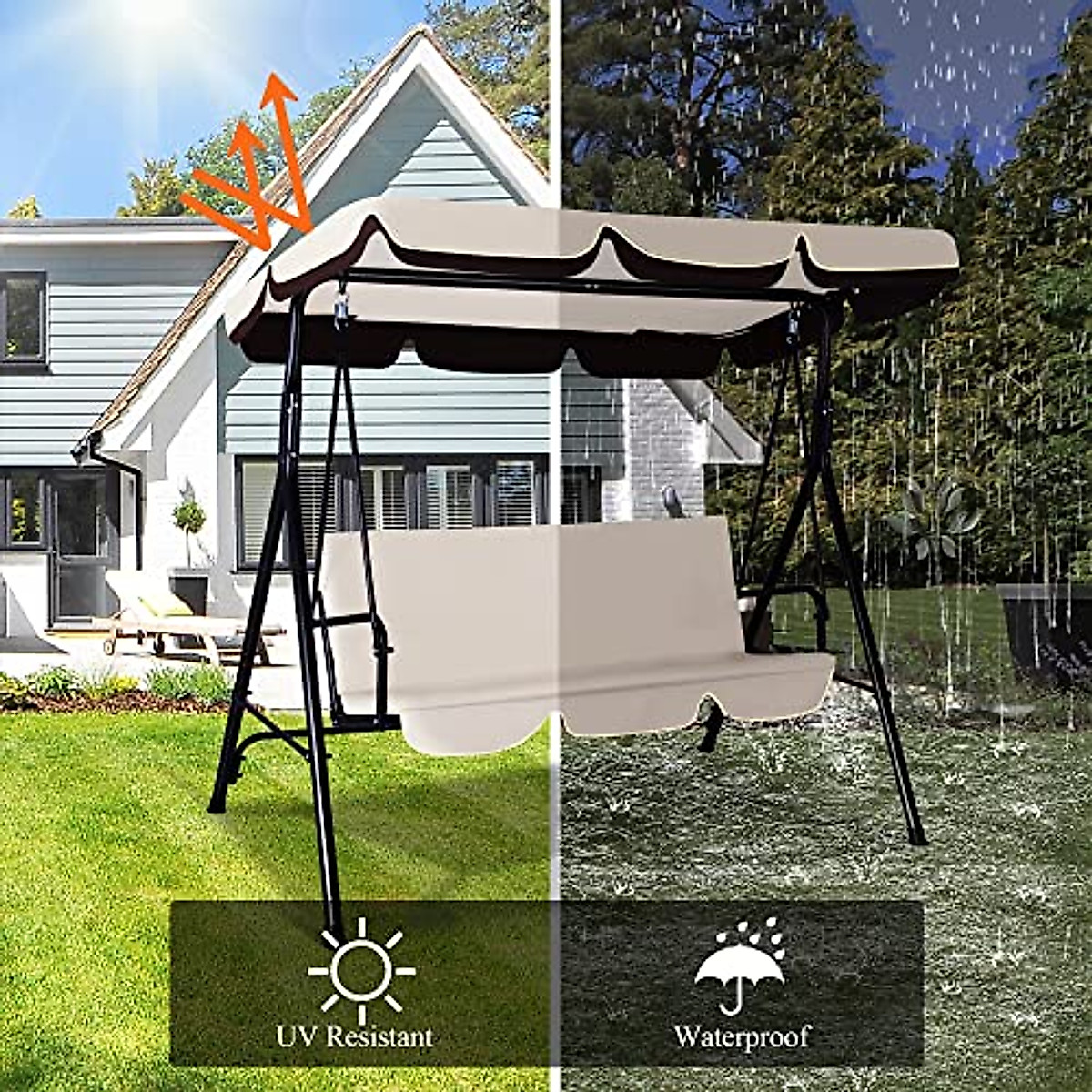 QZEN 3-Seat Porch Swing with Stand, Outdoor Patio Swing Chair with Adjustable Canopy and Durable Steel Frame for Patio, Backyard