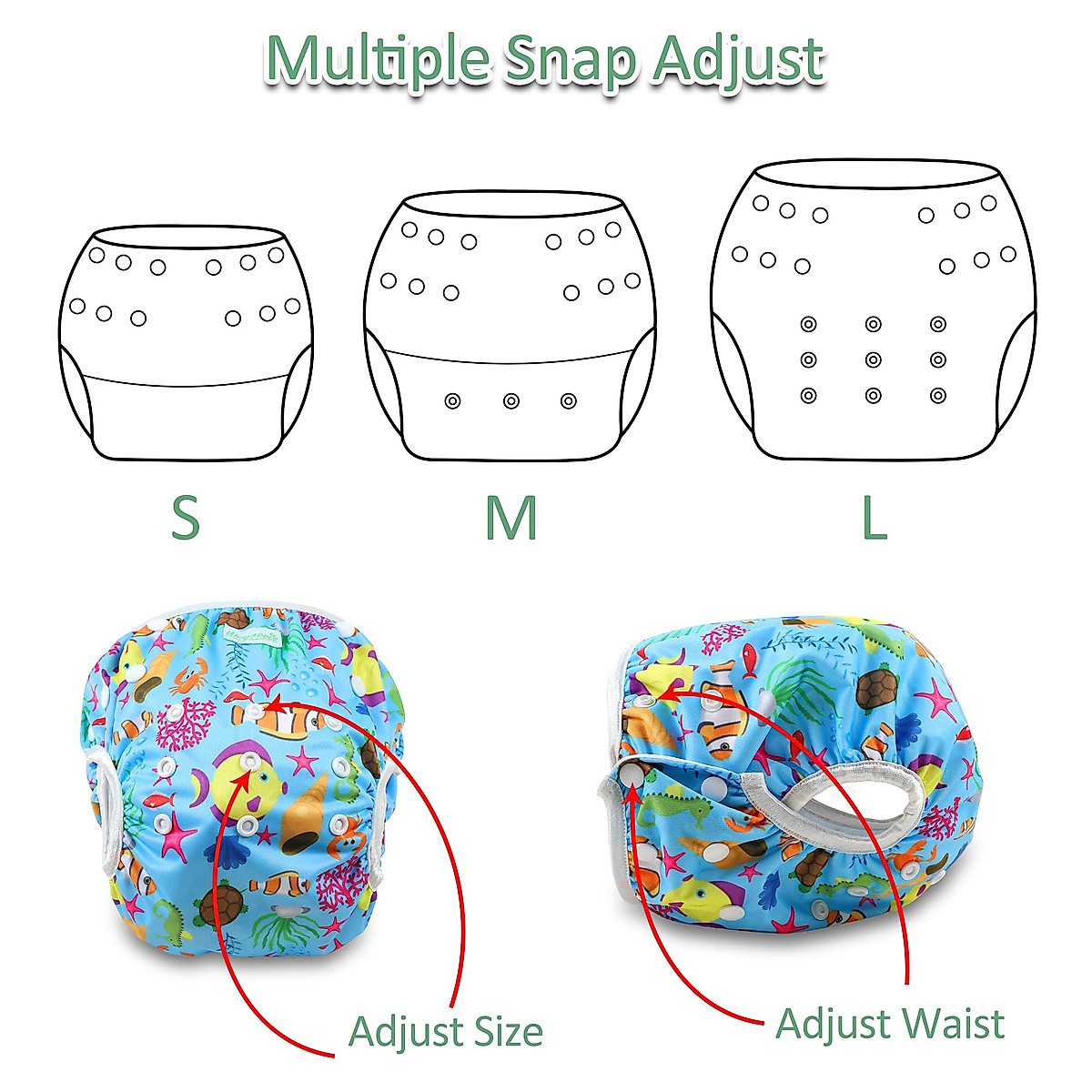 wegreeco Baby & Toddler Snap One Size Adjustable Reusable Baby Swim Diaper (Sea-Elves, Large, 3 Pack)